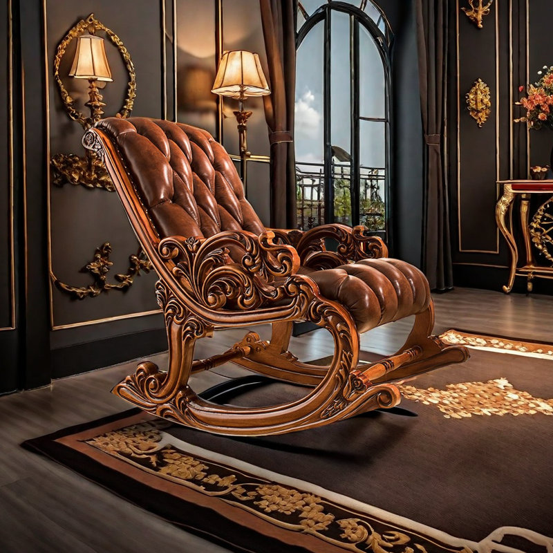 FURNITURE LEISURE INC. European Solid Wood Leather Rocking Chair 42.1 Wide Tufted Genuine Leather Lounge Chair and Ottoman Wayfair
